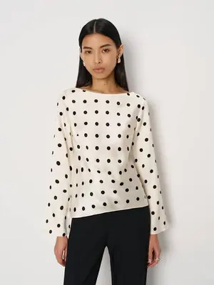 REFORMATION Marlow Silk Top Polka Dot Boatneck Blouse - Ivory