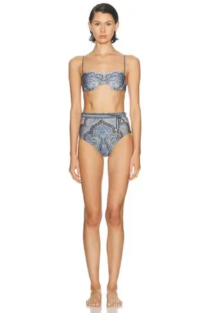 Zimmermann Wanderlust High Waist Bikini Bottom - Tapestry Blue Multi