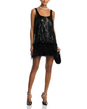 Aqua Ostrich Feather Sequin Mini Dress - Black