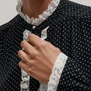 ME+EM Micro Polka Dot And Lace Blouse - Black/light Cream