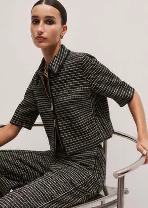 ME+EM Stripe Tweed Zip-front Top - Black Multi