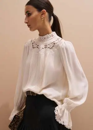 ME+EM Silk Embroidered High-neck Blouse - Cream