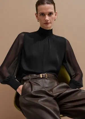 ME+EM Silk Chic Rib Straight Blouse - Black