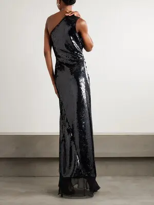 Stella McCartney One-shoulder Sequined Tulle Gown With Chiffon Trim - Black