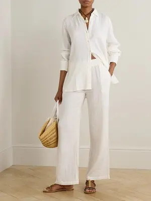 Melissa Odabash Krissy Crinkled-cotton Straight-leg Pants - Neutrals