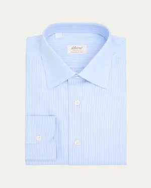 Brioni Men's Textured Fine-Stripe Ventiquattro Cotton Dress Shirt Sky Blue
