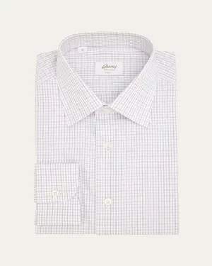 Brioni Men's Giza 87 Cotton Grid Check Dress Shirt Black White