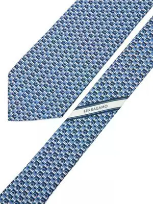 FERRAGAMO Gancini Print Silk Neck Tie - Blue