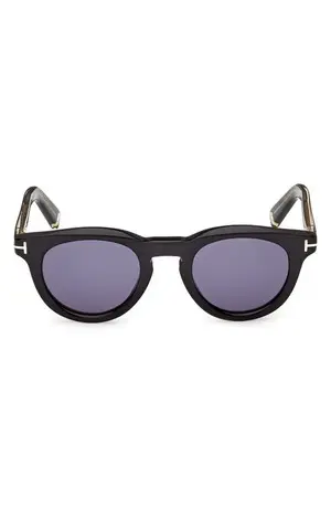 TOM FORD 47mm Round Frame Sunglasses - Shiny Black/blue Lens