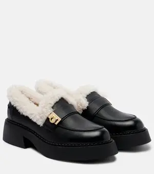 FERRAGAMO Caminia Shearling-trimmed Leather Loafers - Black