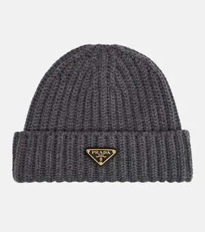 Prada Logo Ribbed-knit Wool And Cashmere Beanie - Grey
