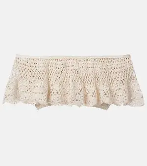 Anna Kosturova Filigree Crochet Off-shoulder Crop Top - Beige