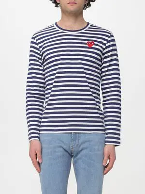 Play Comme Des Garcon Striped Cotton T-shirt With Logo - Blue