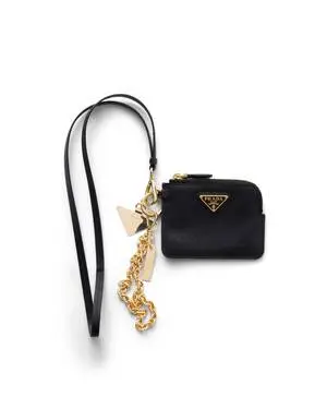 Prada Saffiano Leather Card Holder With Shoulder Strap - Black