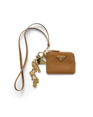 Prada Saffiano Leather Card Holder With Shoulder Strap - Brown