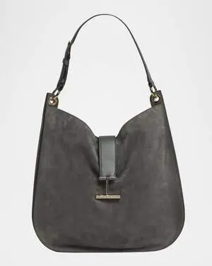 TOM FORD Tara Large Suede Leather Crossbody Bag - Grey