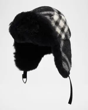 Burberry Check Wool And Shearling Trapper Hat - Black