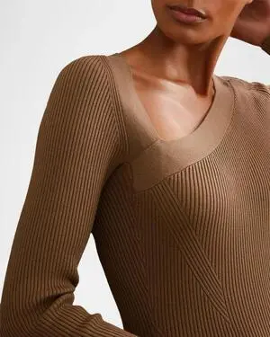 REISS Zeta Asymmetric Rib-knit Midi Dress - Camel