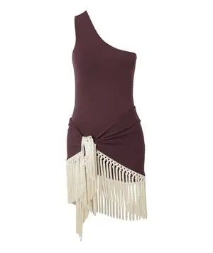 TALLER MARMO Yacare One-shoulder Swimsuit With Fringed Pareo Set - Burgundy