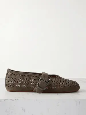 Alaïa Eyelet-embellished Perforated Suede Ballet Flats - Gray