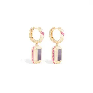 CAMPBELL + CHARLOTTE Spark Emerald Cut Drop Huggie Earrings - Blk Mother Of Pearl & Pnk Saph