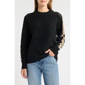 CITY BLUES Embroidered Sleeve Mock Neck Sweater - Black