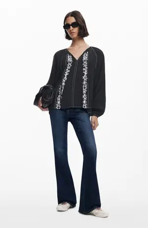 Desigual Embroidered Tie Neck Blouse