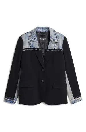 Desigual Denim Trim Notched Lapel Blazer