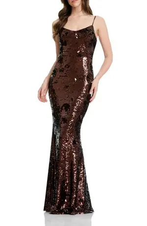 Dress The Population Floral Appliqué Sequin Sheath Gown - Mocha