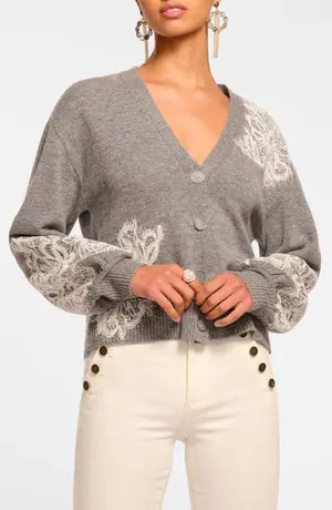 Ramy Brook Wool And Cashmere Cardigan With Lace Detail - Heather Grey Combo