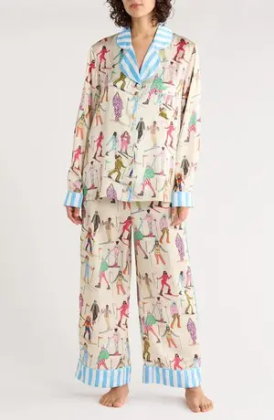 KAREN MABON Skiing Print Long Pajamas - Cream