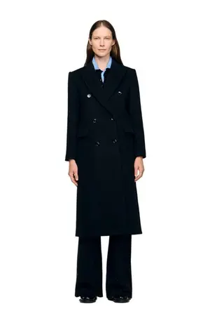 Sandro Long Wool Double-breasted Coat - Black