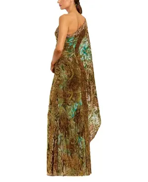 Mac Duggal One-shoulder Metallic Burnout Velvet Evening Gown
