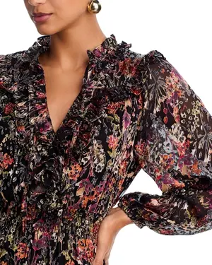 Aqua Floral Satin Burnout Long Sleeve Maxi Dress