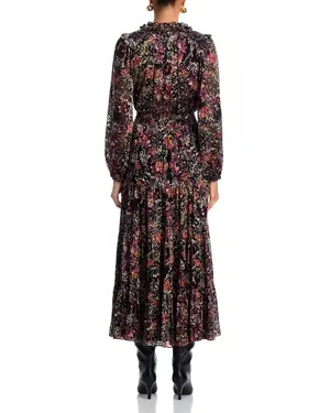 Aqua Floral Satin Burnout Long Sleeve Maxi Dress
