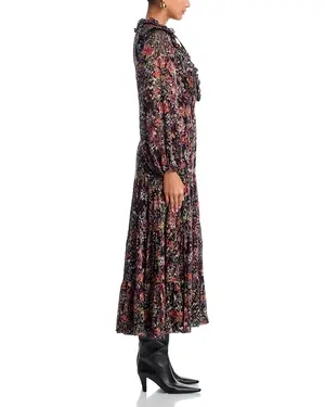 Aqua Floral Satin Burnout Long Sleeve Maxi Dress