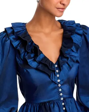 Aqua Crinkle Ruffle Collar Long Sleeve Blouse Exclusive