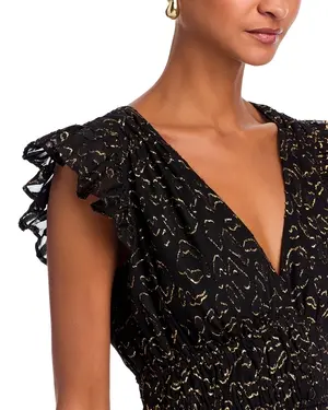 Aqua Metallic Flutter Sleeve Mini Dress