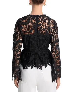 Aqua Floral Lace Long Sleeve Top - Black