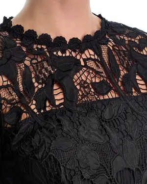 Aqua Floral Lace Long Sleeve Top - Black