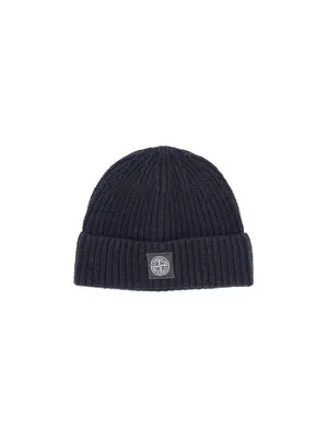 Stone Island Virgin Wool Logo Beanie - Blue