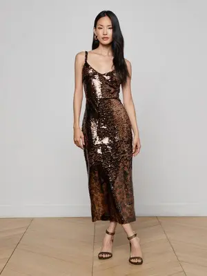 L'Agence Noella Sequin Leopard Print Midi Dress