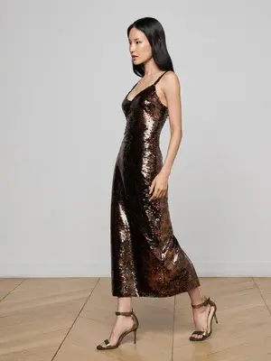 L'Agence Noella Sequin Leopard Print Midi Dress
