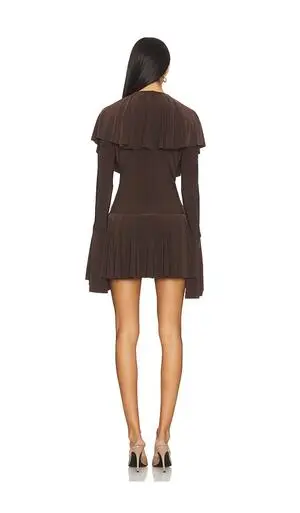 Norma Kamali Long Sleeve Deep V Ruffle Mini Dress - Chocolate