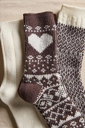 Free People Nordic Knit Crew Socks Bundle - Brown Combo
