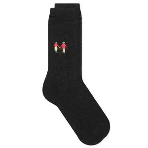 Folk Embroidery Waffle Socks - Charcoal