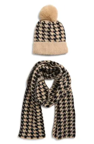 Tasha Pompom Beanie And Scarf Set - Neutral