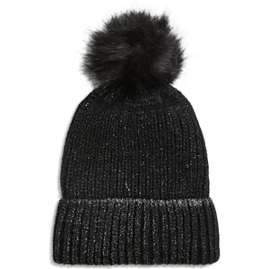 Tasha Faux Fur Pom Sparkle Beanie - Black