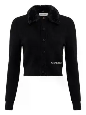 MARINE SERRE Wool Cropped Cardigan With Faux-fur Collar - Black