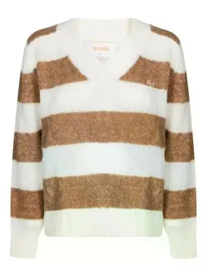 SUN 68 Striped V-neck Sweater - White
